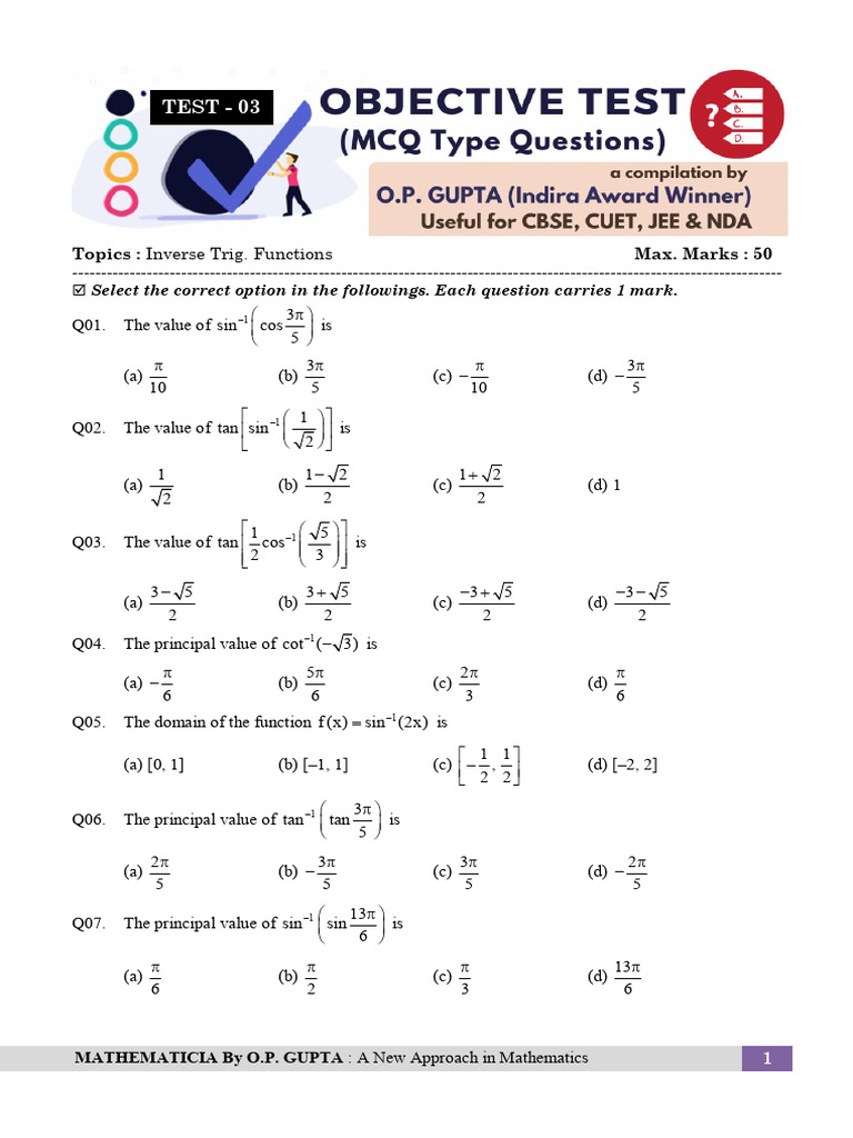 3 MCQ Inverse Trig Functions | PDF | Function (Mathematics) | Trigonometric Functions