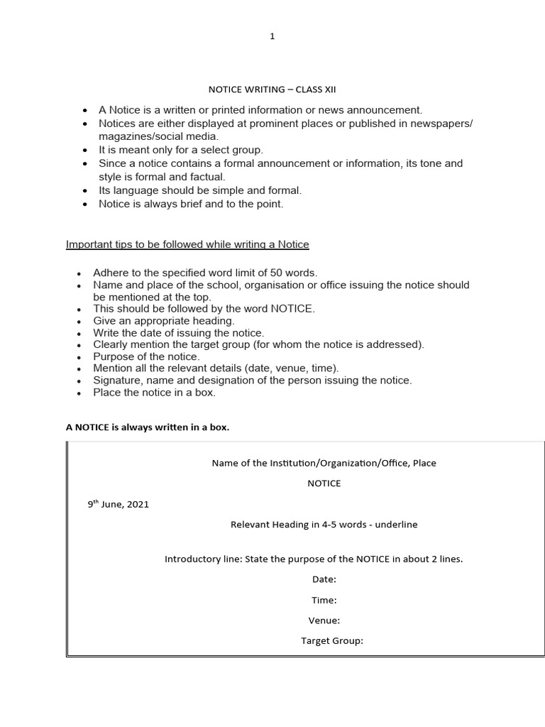 Notice Writing - Xii | PDF | Communication | Human Communication