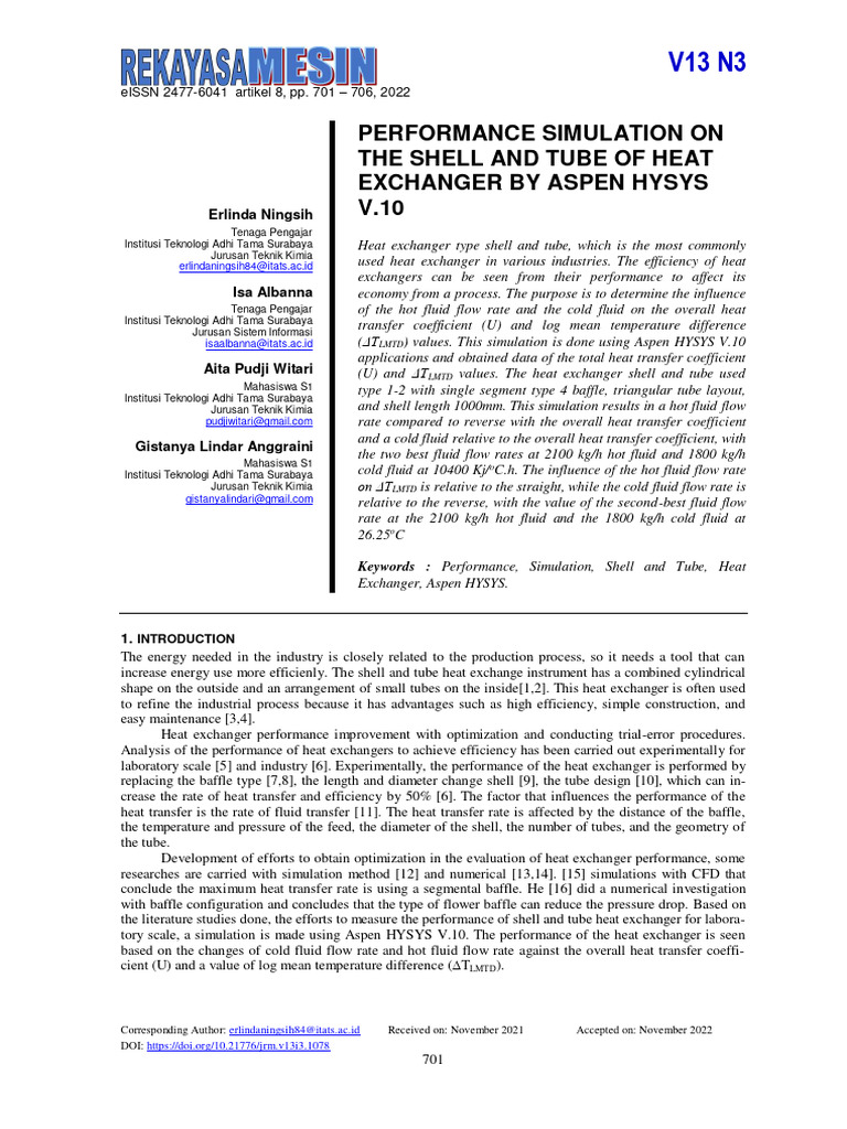 Performance Simulation On The Shell and Tube of Heat Exchanger by Aspen ...