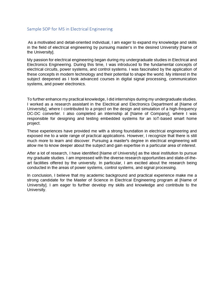 Sample Sop For Ms in Electrical Engineering 5ecd0e2485 | PDF