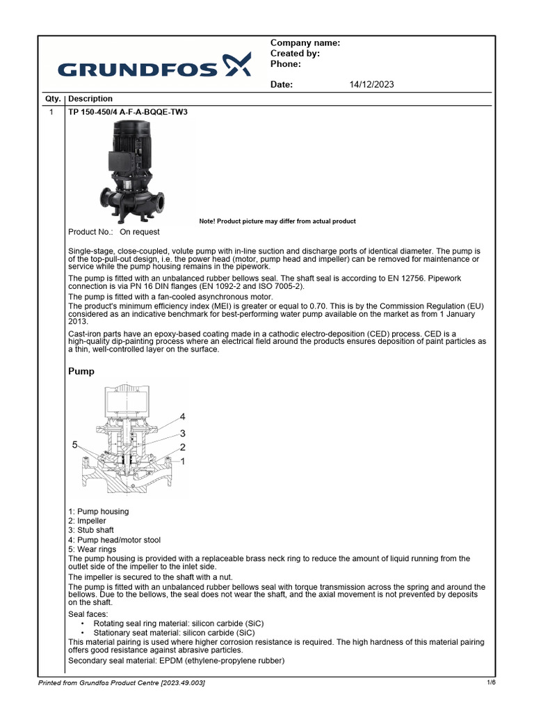 Grundfos TP 150-450/4 Pump Specifications | PDF | Pump | Electric Motor