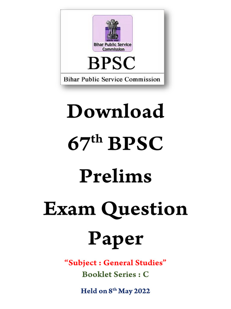 67th BPSC Preliminary Exam Question Paper English Medium Set C Held On 8th May 2022 | PDF ...