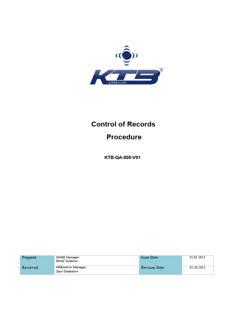 Ktb Qa 005 V01 Control Of Records Procedure Pdf Computer File Backup 0467