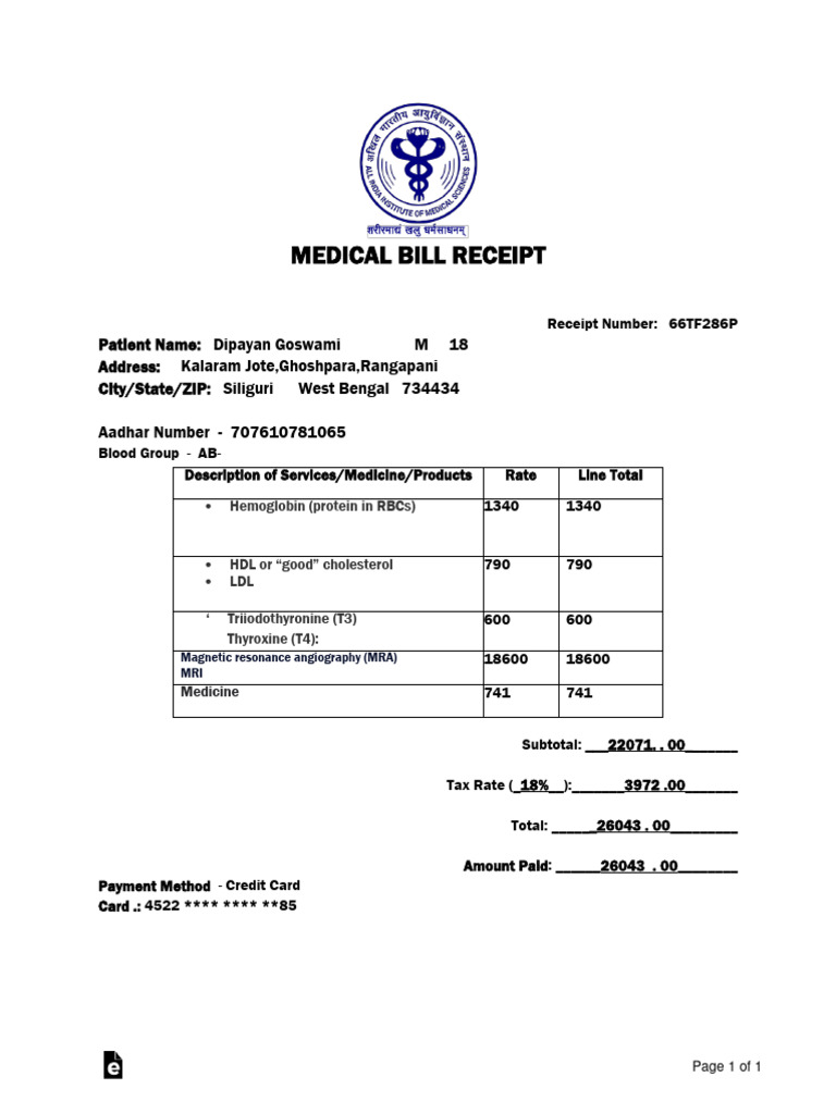 Medical Bill Receipt Template | PDF