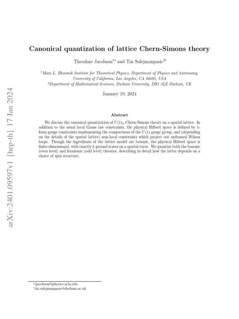 Canonical Quantization of Lattice Chern-Simons Theory: Theodore ...