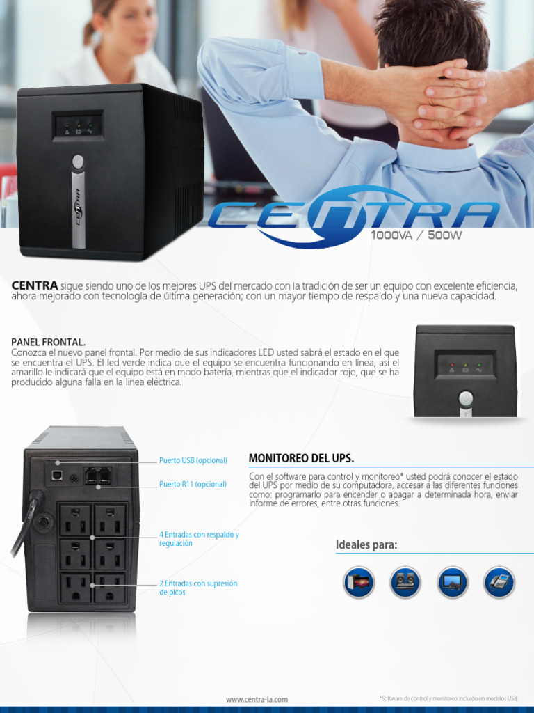 UPS Centra 1000VA: Eficiencia y Monitoreo | PDF | USB | Diodo emisor de luz