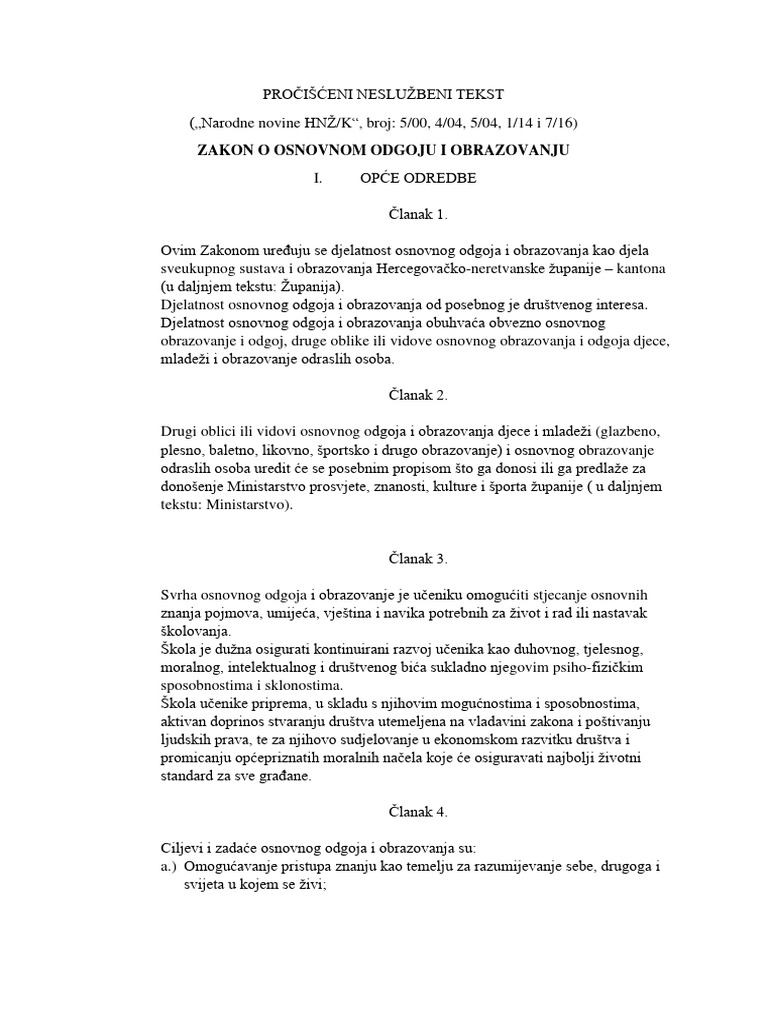 Zakon o Osnovnom Odgoju I Obrazovanju | PDF