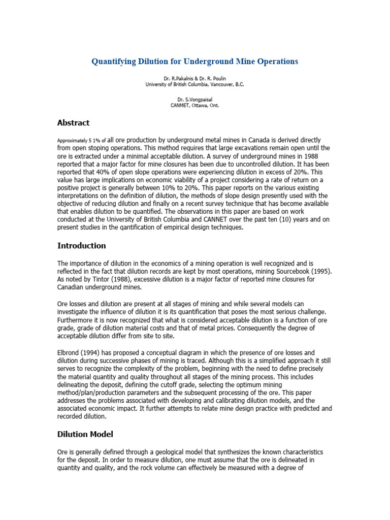 Quantifying Dilution For Underground Mine Operations 1 | PDF | Mining Quantifying Dilution For Underground Mine Operations 1 | PDF | Mining