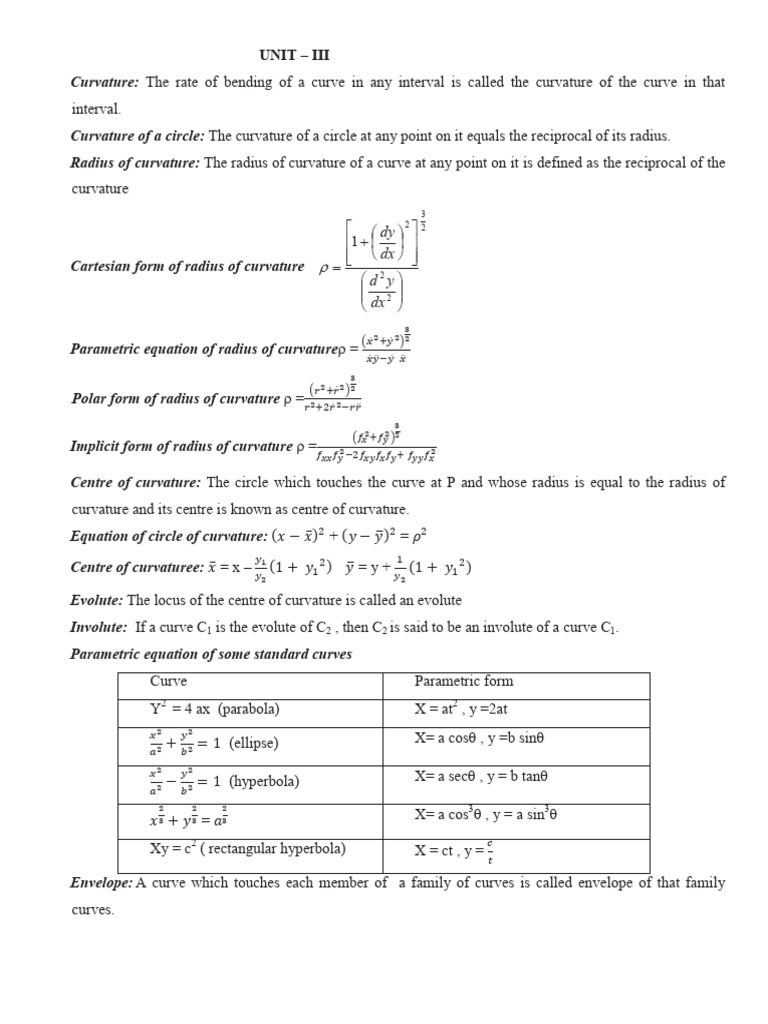 Applications of Differential Calculus - Notes | PDF | Curvature | Equations
