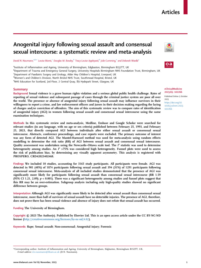 Anogenital Injury Following Sexual Assault and Consensual Sex - 2023 ...
