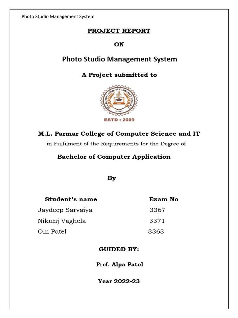 Photo Studio Management System: Project Report ON | PDF | Feasibility Study | Analytics