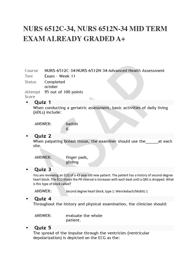 NURS6512 Health Assess Final wk11 | PDF | Physical Examination | Electrocardiography