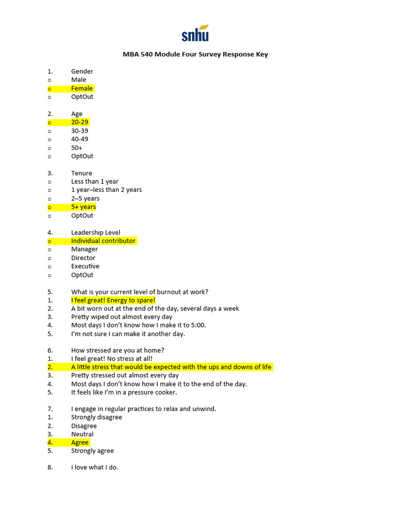MBA 540 Survey Response Key | PDF | Self-Improvement