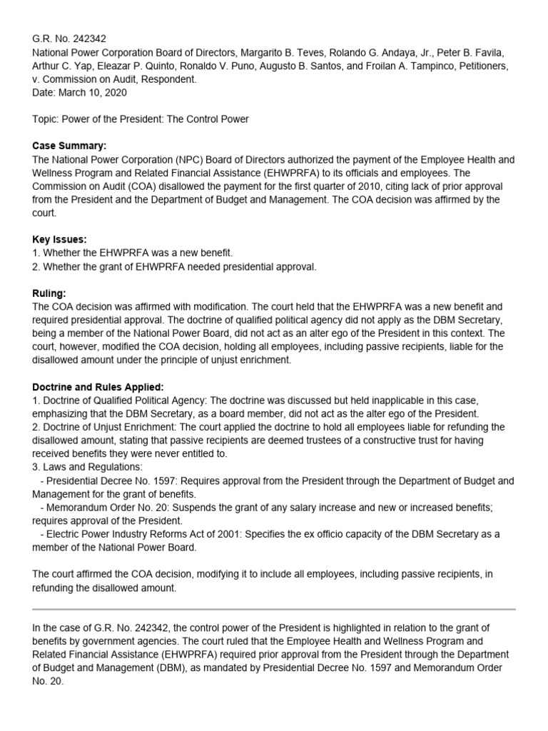 G.R. No. 242342 - Topic - Power of The President - The Control Power ...