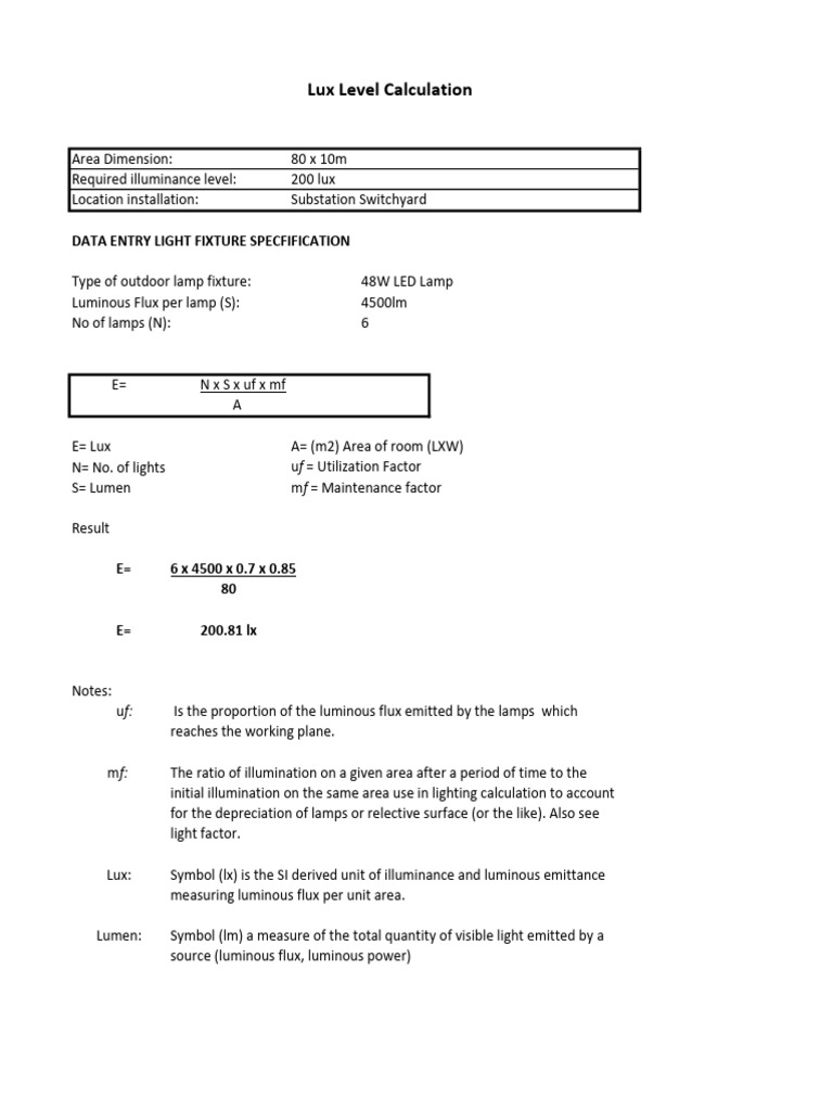 Lux Level Calculation | PDF