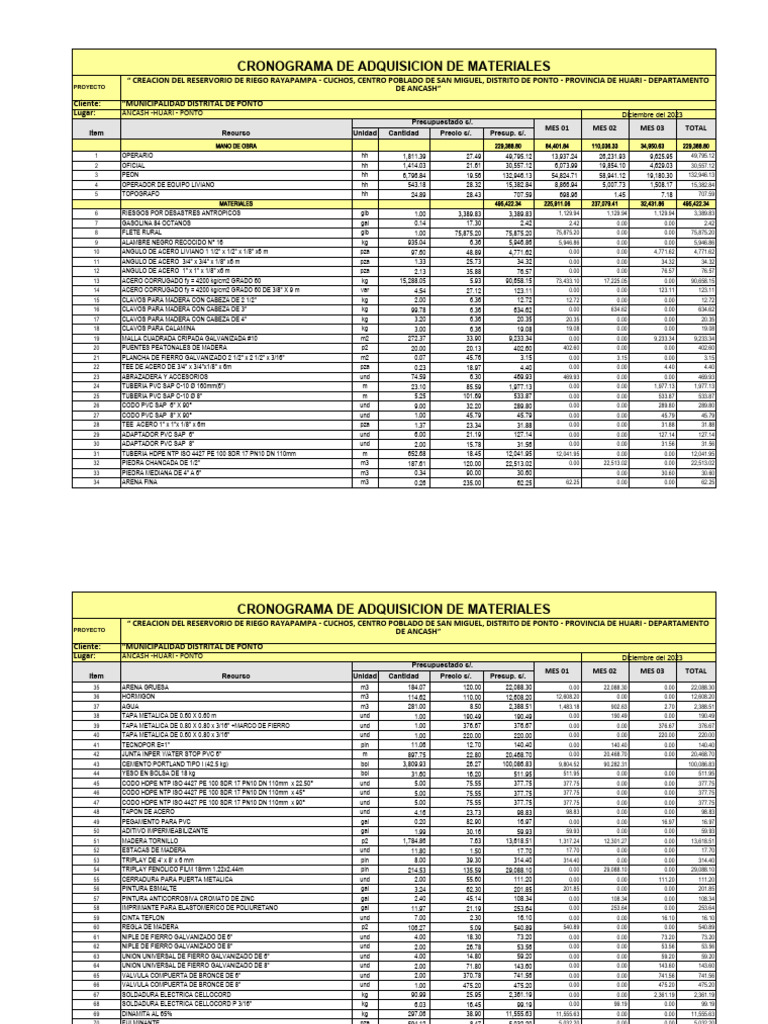 CRONOGRAMA ADQUISICION DE MATERIALES | PDF | Procesos industriales | Construyendo tecnología