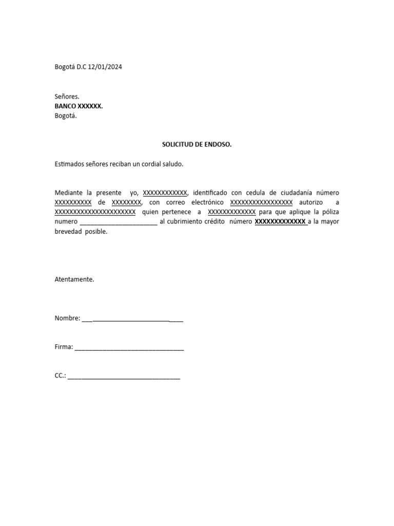 Solicitud de Endoso para Banco | PDF | Derecho