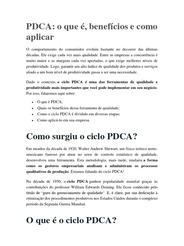 PDCA: o Que É, Benefícios e Como Aplicar | PDF