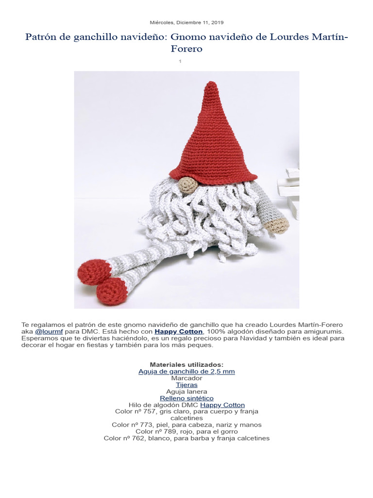 Patrón Gnomo Navideño a Ganchillo | PDF | Amigurumi | Artesanías