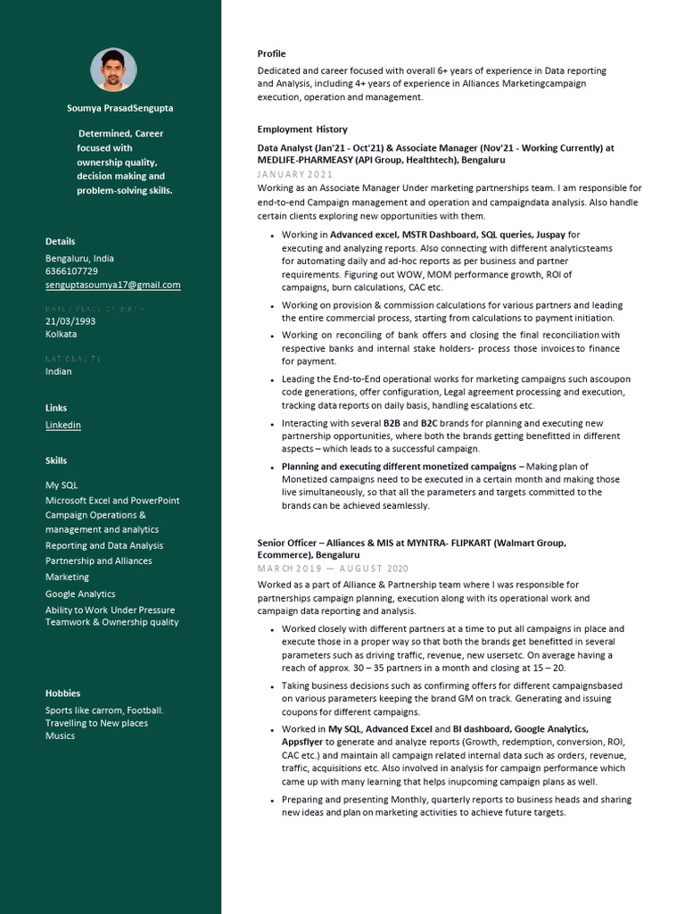 Resume - Soumya Prasad Sengupta | PDF | Analytics | Marketing