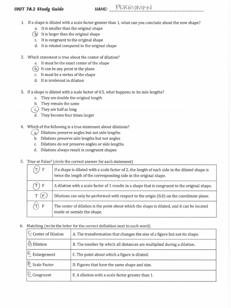 7A Unit 2 Study Guide Answers | PDF