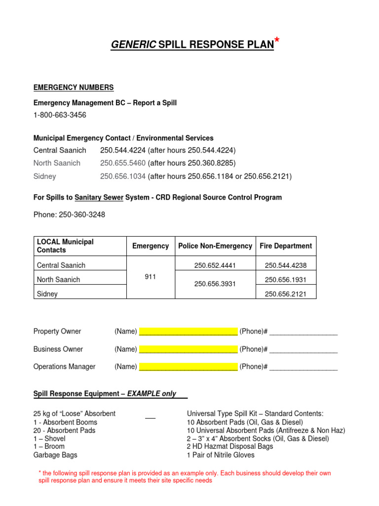 Generic Spill Respose Plan | PDF | Dangerous Goods | Safety
