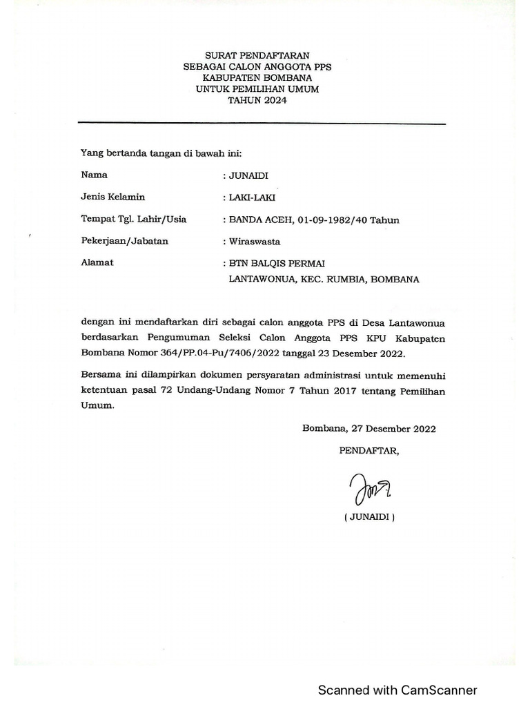 Surat Pendaftaran-Junaidi Baru | PDF