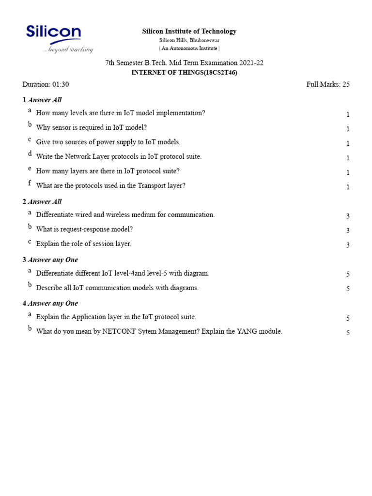 INTERNET OF THINGS (18CS2T46) - Mid Term Exam - 2021-2022 | PDF