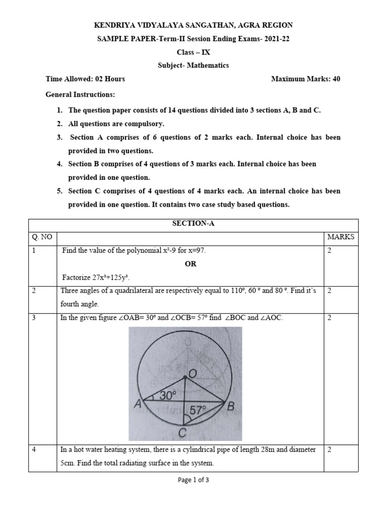Sample Paper | PDF | Area | Circle