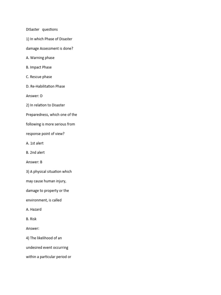 Disaster Management Multiple Choice Questions | PDF | Risk | Hazards