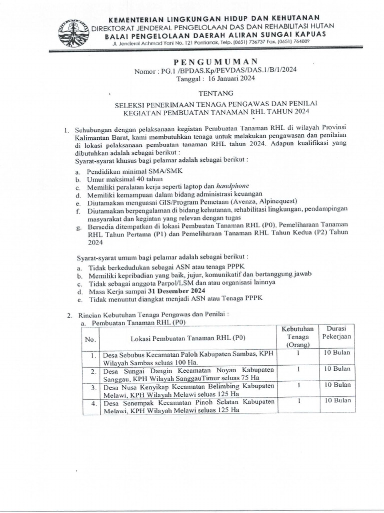 Pengumuman Seleksi Penerimaan TPP RHL P0, P1, Dan P2 | PDF