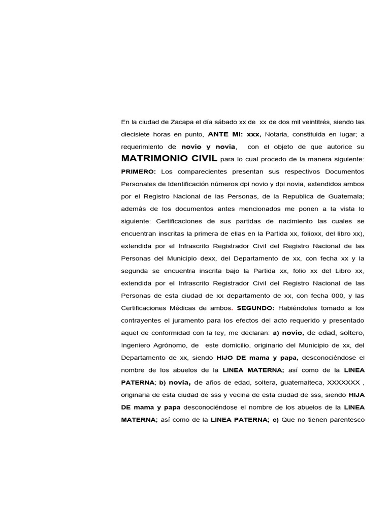 Acta de Matrimonio Minuta | PDF | Matrimonio | Instituciones sociales