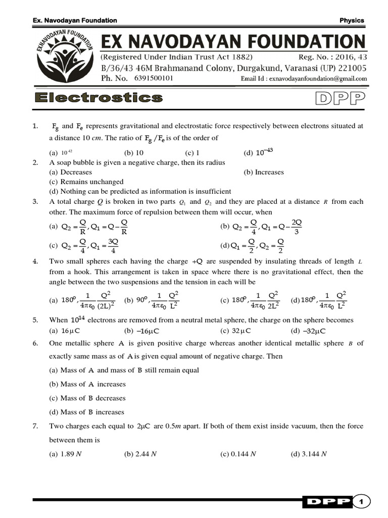 Electrostatics DPP | PDF | Electric Field | Electronvolt