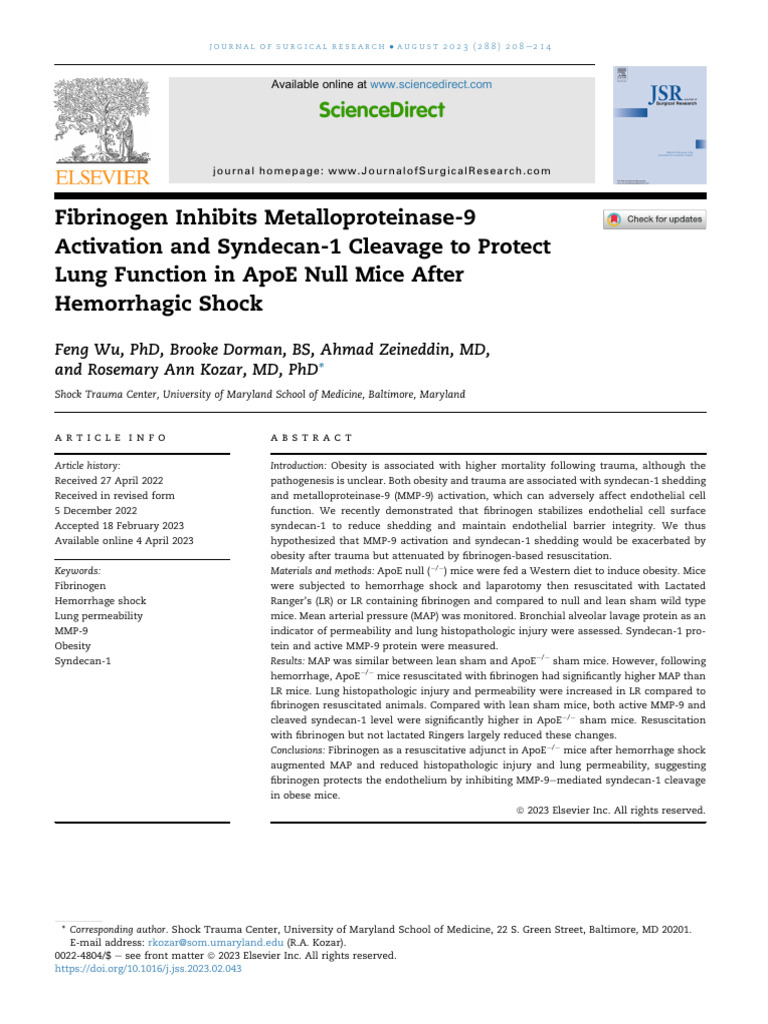 Fibrinogen Inhibits Metalloproteinase 9 Activation | PDF | Injury ...