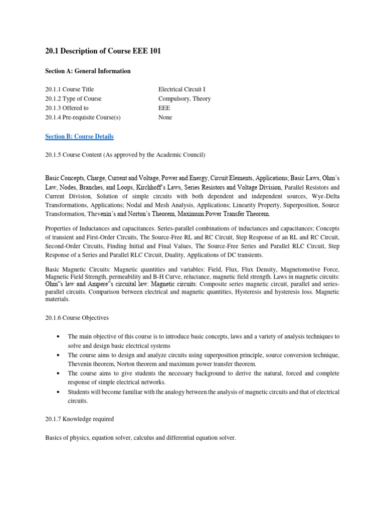 EEE 101-Outline | PDF | Electrical Network | Inductance