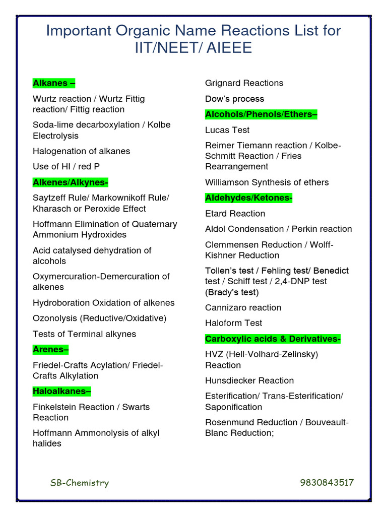 Organic Name Reaction List For IIT - NEET | PDF | Ester | Alkene