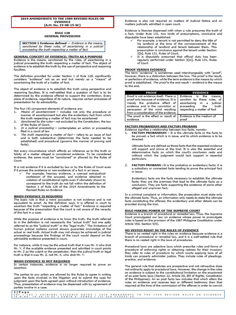 2019 REVISED RULES ON EVIDENCE AM No. 19 08 15 SC - Complete Handout ...