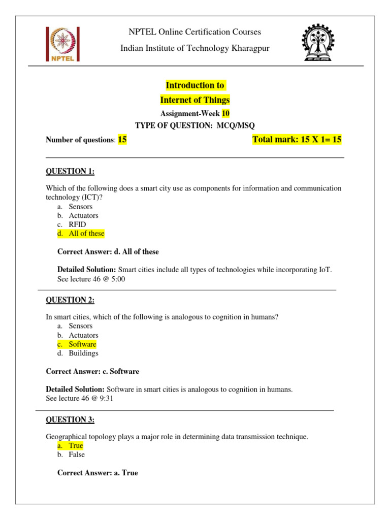 Assignment-W10 Solution | PDF | Computer Network | Internet Of Things