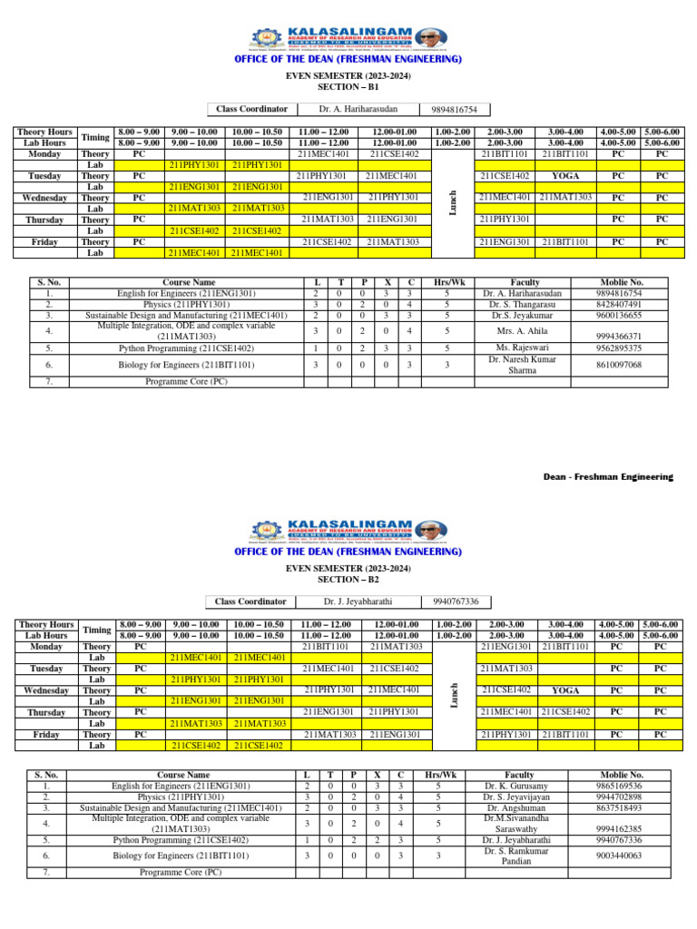 Time Table b1-b15 - Kare - Even Semester (2023-2024) - Regular Classes ...