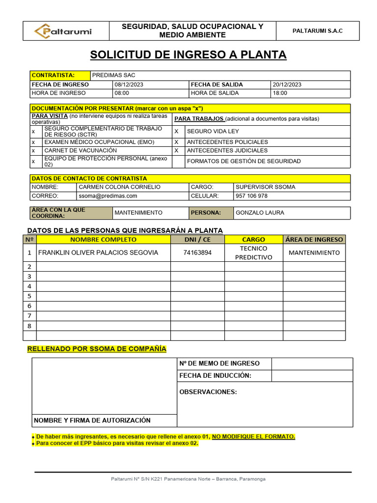 FORMATO DE SOLICITUD DE INGRESO A PLANTA ADR - PALTARUMI (Actual) | PDF