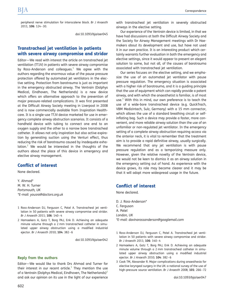 Transtracheal Jet Ventilation in Patients With Sev | Download Free PDF ...