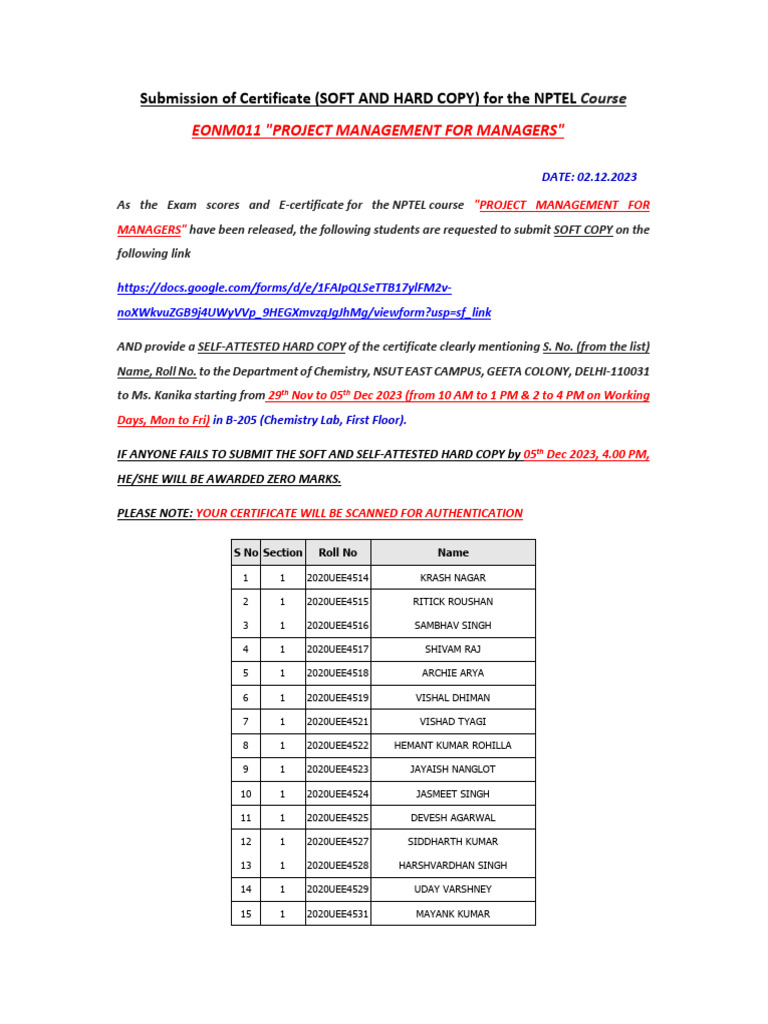 Submission of Certificate - Project Management For Managers - Revised Notice | PDF