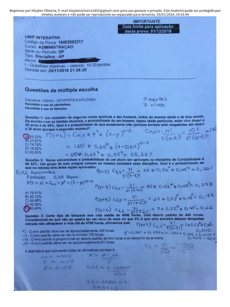 Prova Estatística Aplicada 2 | PDF