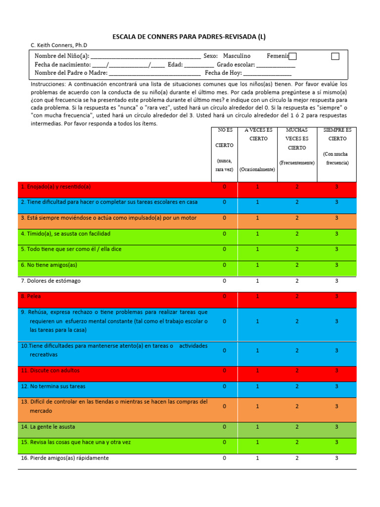 Escala de Conners | PDF | Trastorno mental | Desorden hiperactivo y ...