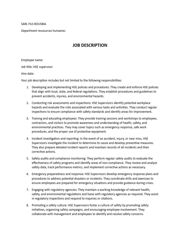 Job Description of HSE Supervisor | PDF | Emergency Management | Safety