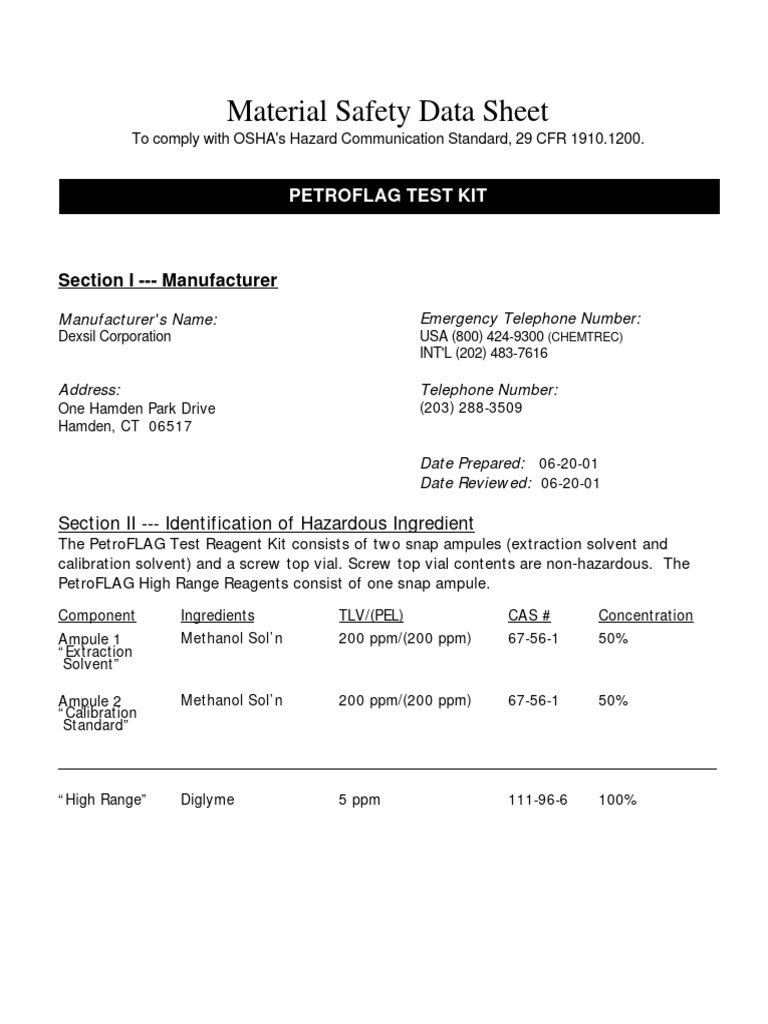 MSDS PETROFLAG TEST Kit | PDF | Personal Protective Equipment | Safety