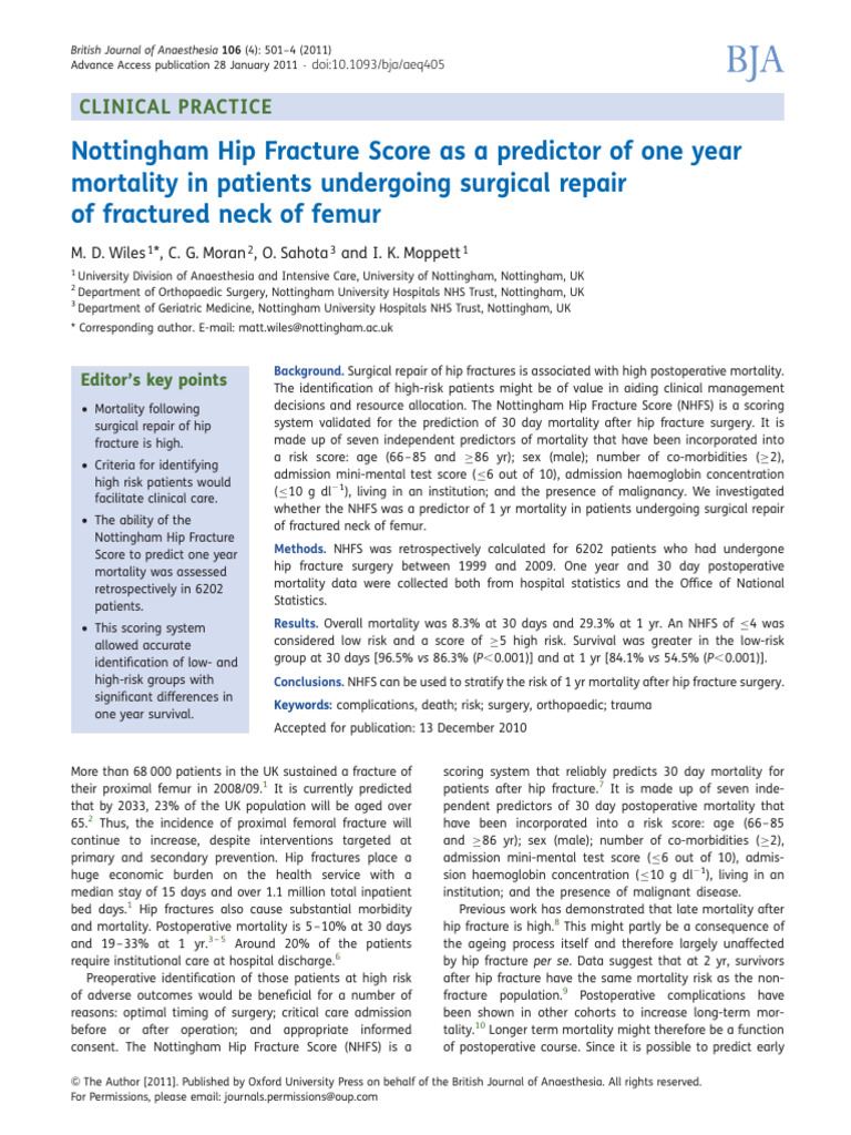 Nottingham Hip Fracture Score As A Predictor | PDF | Surgery | Cohort Study