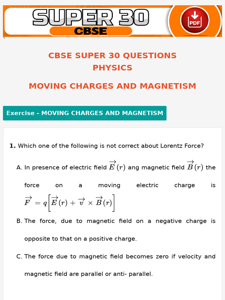 Cbse Super 30 Questions Class 12 Physics Moving Charges and Magnetism Doubtnut 2023 | Download ...