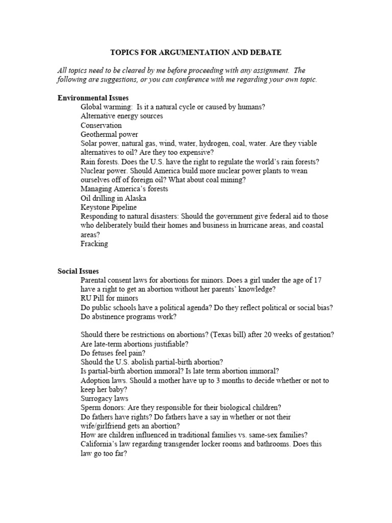 Topics For Argumentation and Debate | PDF