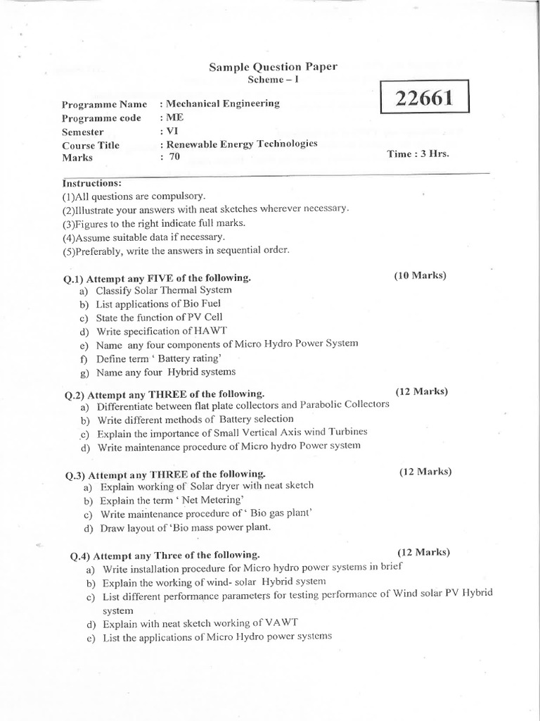 Renewable Energy Technology Question Paper | PDF